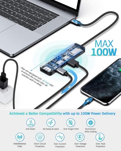 Hiearcool Adaptador 6 en 1 – Hub USB-C , 100W USB-C, USB 3.0, Lector de terjetas SD y TF, HDMI ...